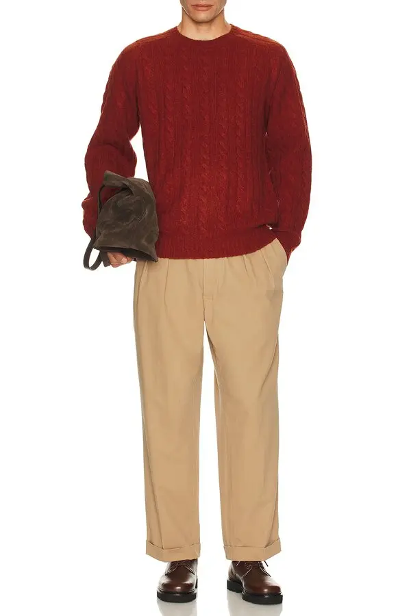 BEAMS Crew Cable 5g Sweater - Brick