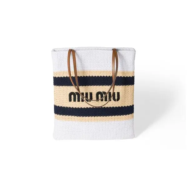 Miu Miu Raffia Effect Woven Tote Bag - Tan/white