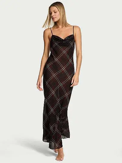 Victoria's Secret Chiffon Tartan Draped Maxi Slip Dress - Print