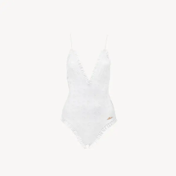 Chloé Ruffled V-neck One-piece Swimsuit - White