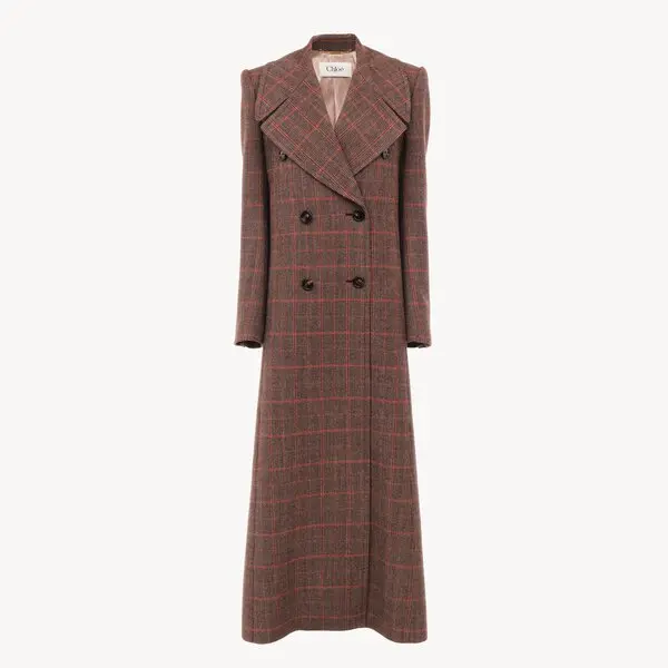 Chloé Long Double-breasted Coat In Check Wool