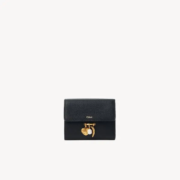 Chloé Small Charms Tri-fold Wallet In Grained Leather Single - Black