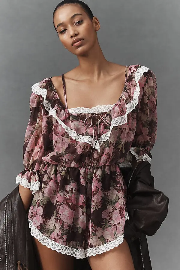 For Love & Lemons Adele Floral Romper - Brown Pattern