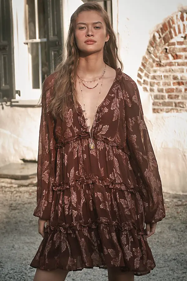 Anthropologie Long-Sleeve Tiered Metallic Mini Dress In Cocoa Plum - 61%  Off