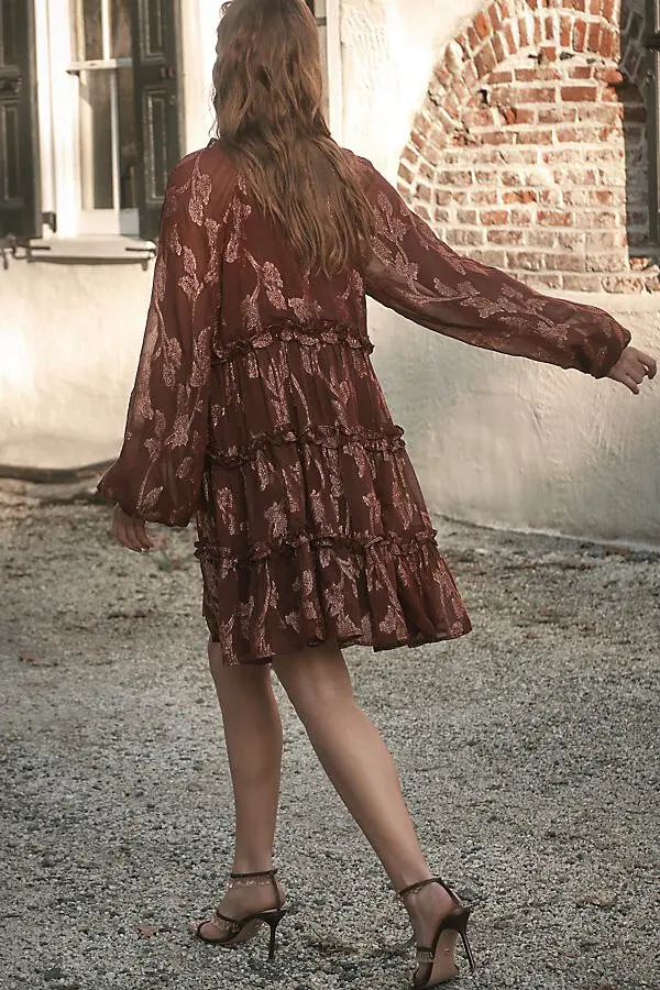 Long-sleeve Tiered Metallic Mini Dress