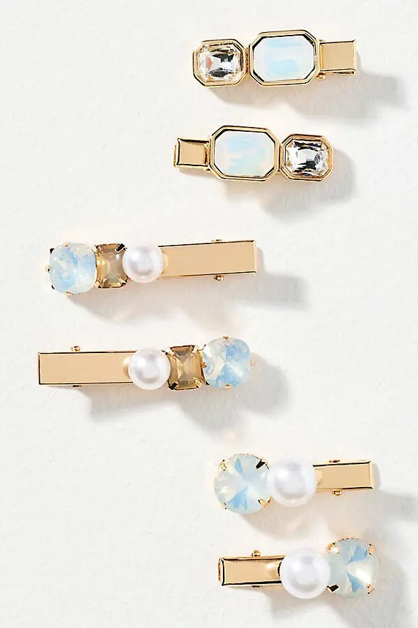 Anthropologie Gemstone Barrettes Set Of 6 - Clear/pearl