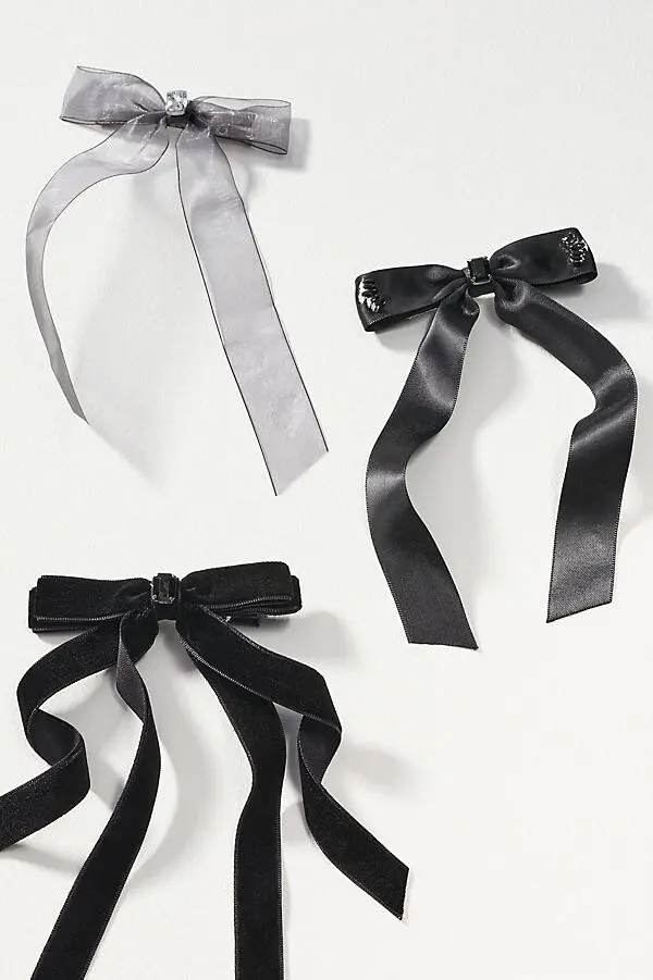 Anthropologie Gemstone Bow Hair Clips Set Of 3 - Black