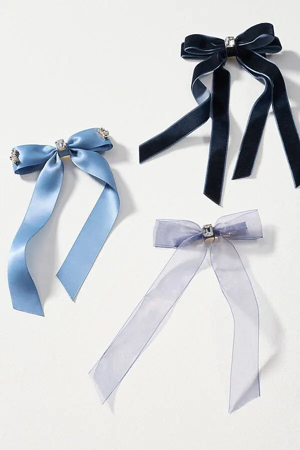 Anthropologie Gemstone Bow Hair Clips Set Of 3 - Blue