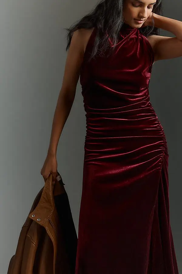 Bishop + Young Halter Velvet Midi Dress In Burgundy - 29% Off | Editorialist