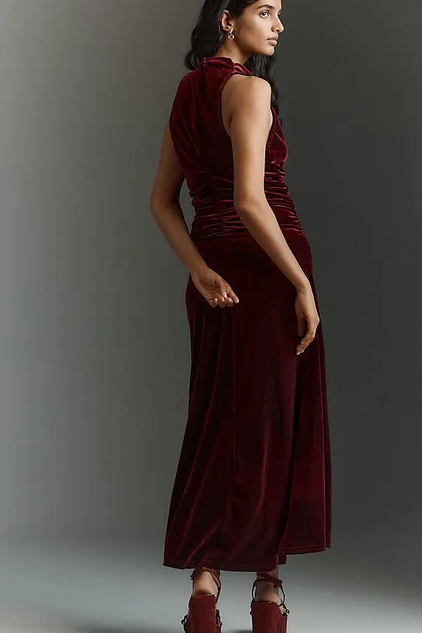 Bishop + Young Halter Velvet Midi Dress In Burgundy - 29% Off | Editorialist