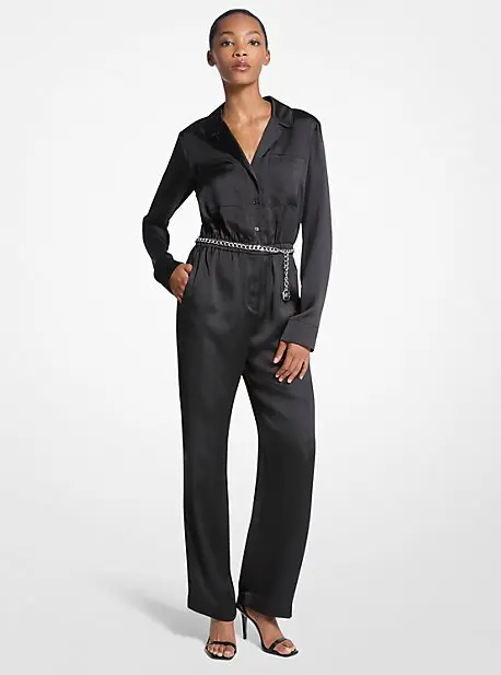 Michael Kors Satin Long Sleeve Belted Jumpsuit - Black
