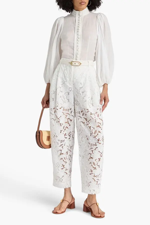 Zimmermann Belted Guipure Lace Tapered Pants - White