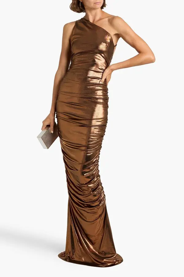 open lace back dress Shannon One Shoulder Dress ~ Rose Gold Luxe Satin – Show Me Your Mumu main image 1