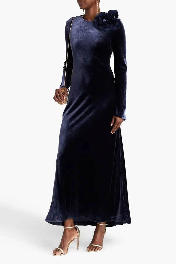 Zimmermann Floral-appliquéd Velvet Maxi Dress - Navy