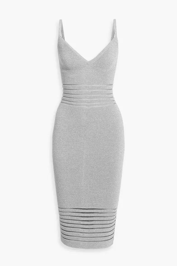 Herve Leger Elsa Metallic Ribbed-knit Midi Dress - Silver