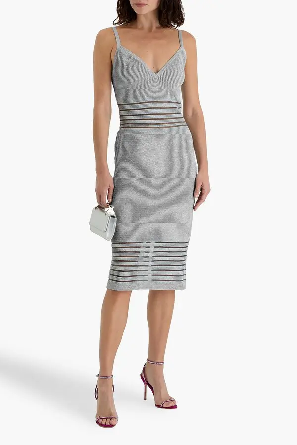 Herve Leger Elsa Metallic Ribbed-knit Midi Dress