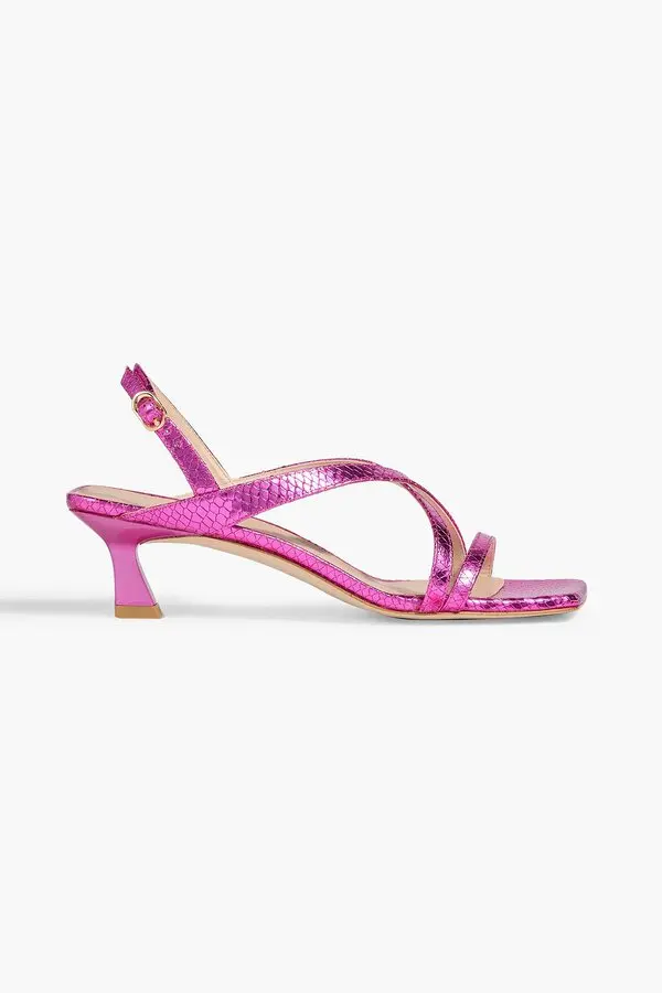 STUART WEITZMAN Metallic Snake-effect Leather Slingback Sandals - Fuchsia