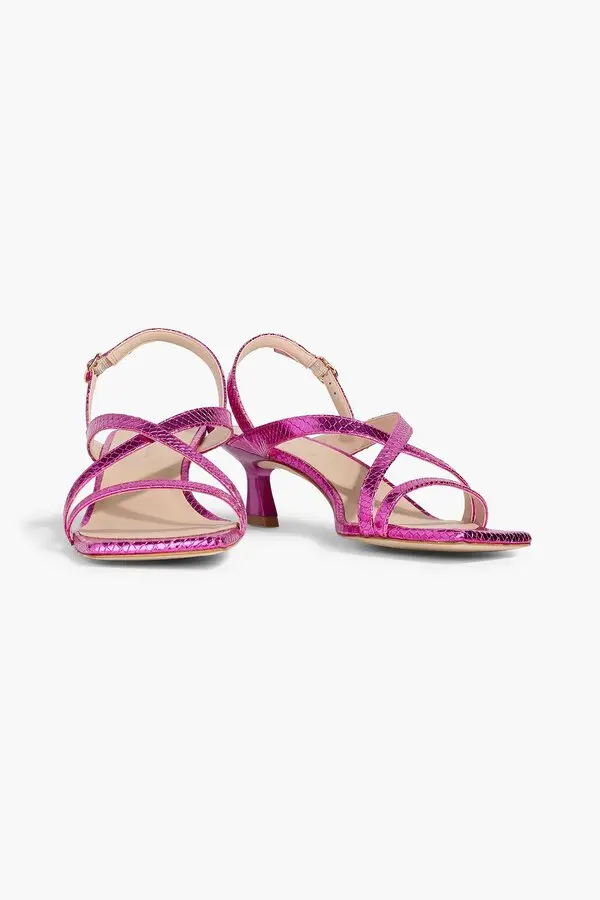 STUART WEITZMAN Metallic Snake-effect Leather Slingback Sandals - Fuchsia