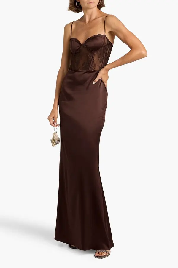 Retrofete Shanelle Lace-Paneled Silk-Blend Satin Maxi Dress In Chocolate -  65% Off | Editorialist