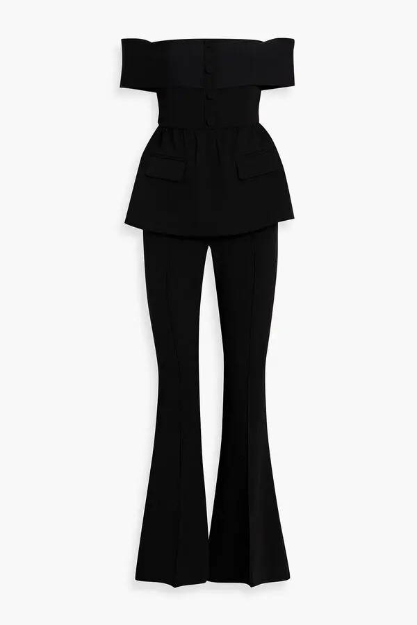 SELF-PORTRAIT Off-the-shoulder Crepe Peplum Jumpsuit - Black