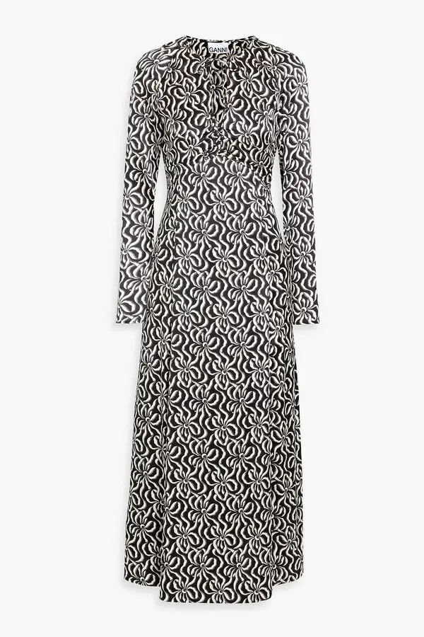 GANNI Printed Silk-blend Satin Midi Dress