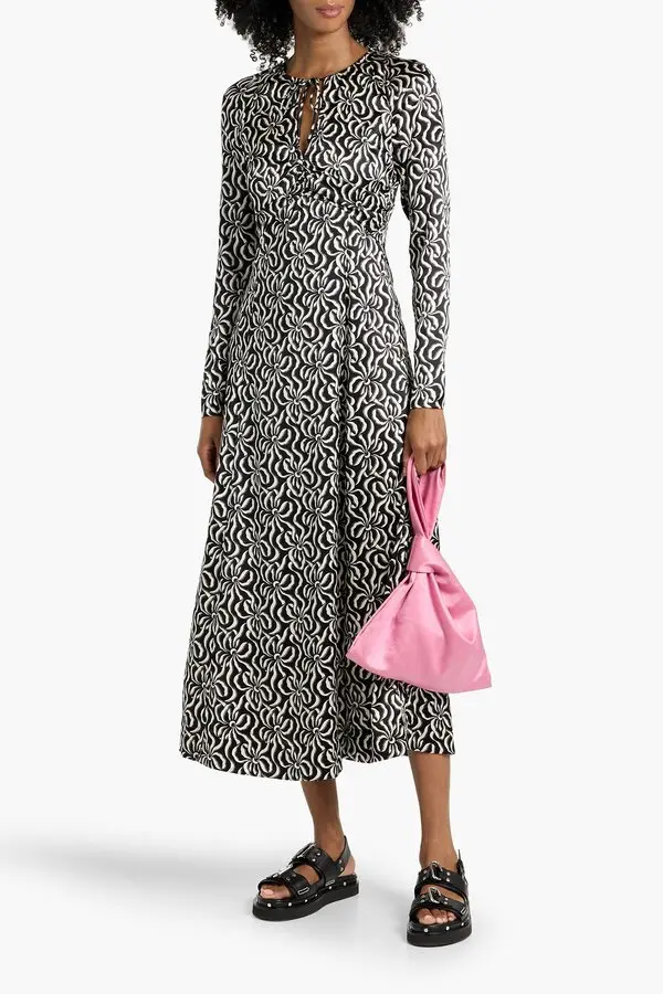 GANNI Printed Silk-blend Satin Midi Dress