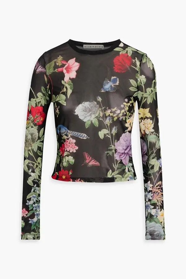 Alice + Olivia Floral-print Stretch-mesh Top - Black