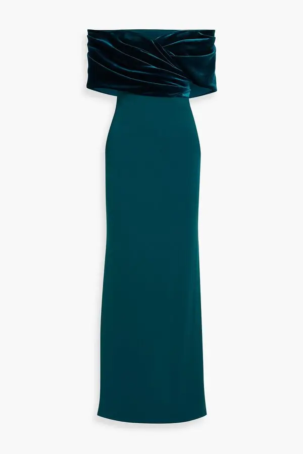 Badgley Mischka Draped Velvet And Crepe Gown