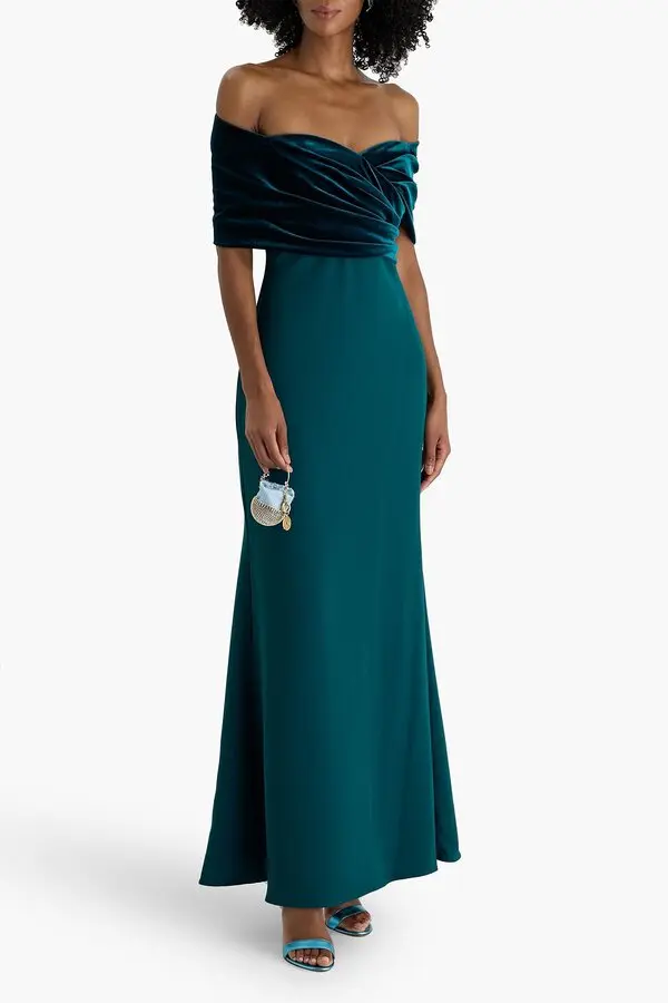 Badgley Mischka Draped Velvet And Crepe Gown