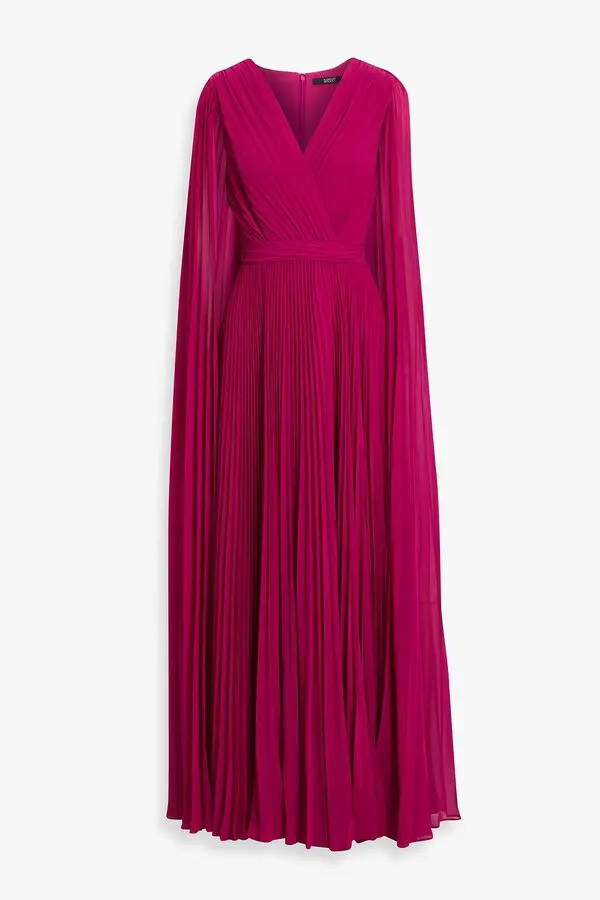Badgley Mischka Cape-effect Pleated Chiffon Gown