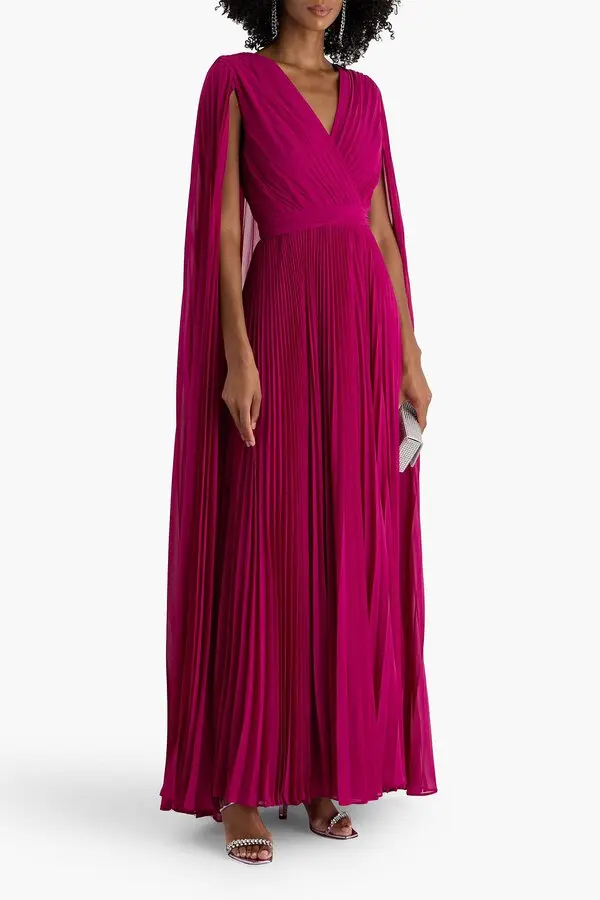 Badgley Mischka Cape-effect Pleated Chiffon Gown