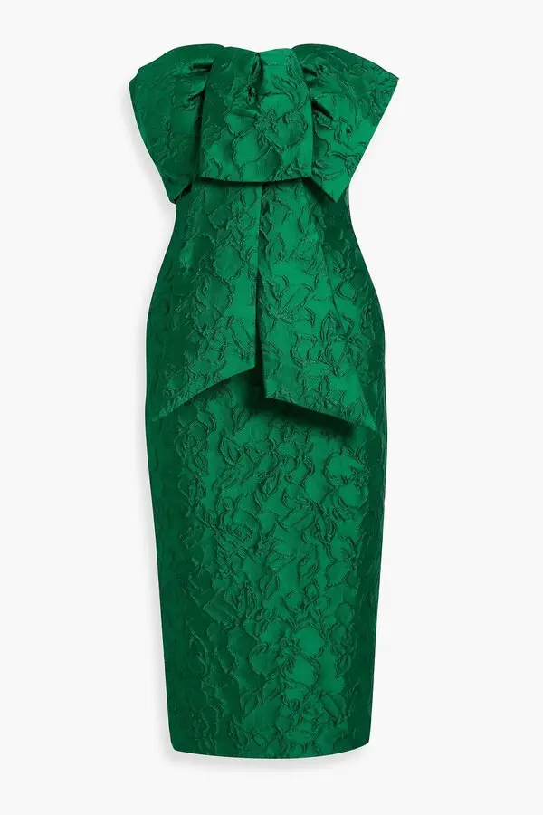 Badgley Mischka Strapless Bow-detailed Cloqué Midi Dress - Emerald
