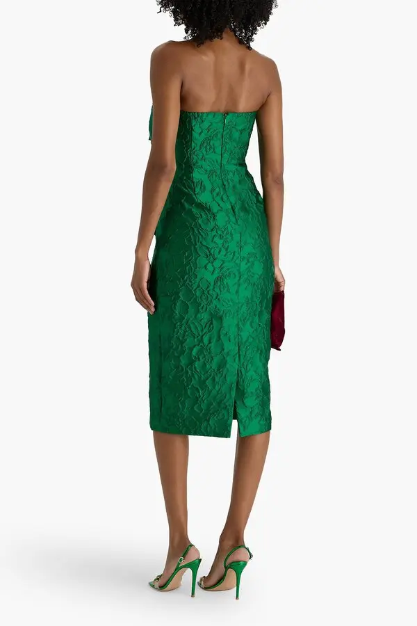 Badgley Mischka Strapless Bow-detailed Cloqué Midi Dress - Emerald