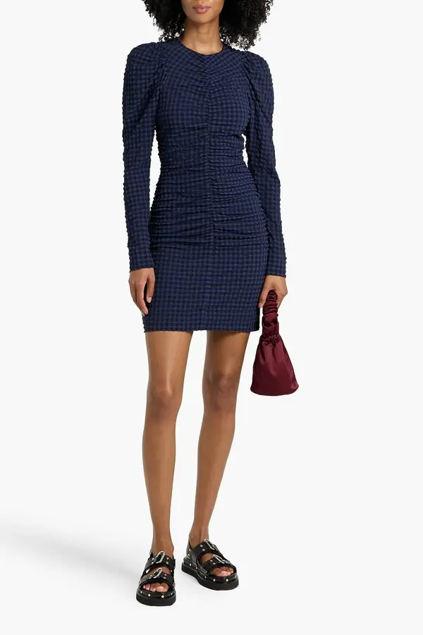 Ganni Stretch Seersucker Mini Dress - Midnight Blue - 65% Off | Editorialist