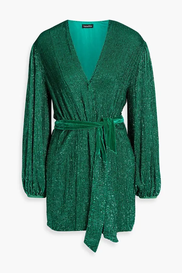 Retrofete Gabrielle Sequined Chiffon Mini Wrap Dress - Emerald
