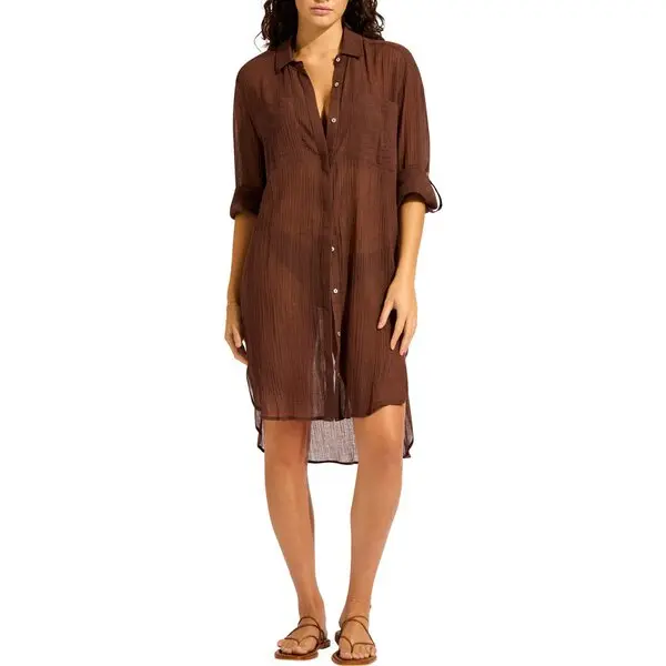 Seafolly Crinkle Twill Cover-up Beach Shirt - Dark Chocolate