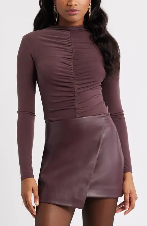 OPEN EDIT Shirred Mock Neck Top - Burgundy Fudge