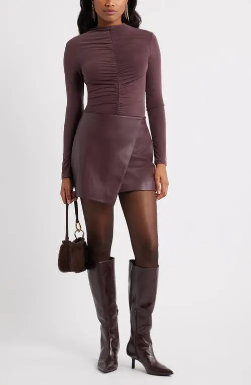 OPEN EDIT Shirred Mock Neck Top - Burgundy Fudge