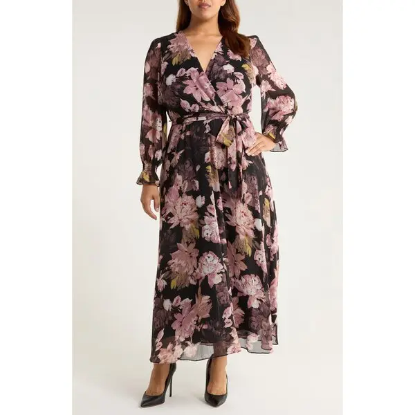 Anne Klein Metallic Floral Maxi Faux Wrap Dress - Anne Black Multi