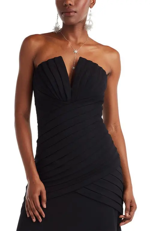 Tadashi Shoji Pleated Notched Strapless Gown