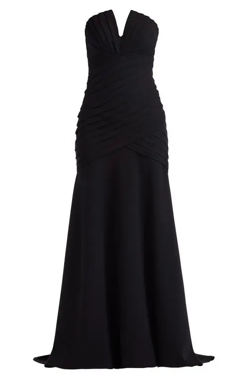 Tadashi Shoji Pleated Notched Strapless Gown