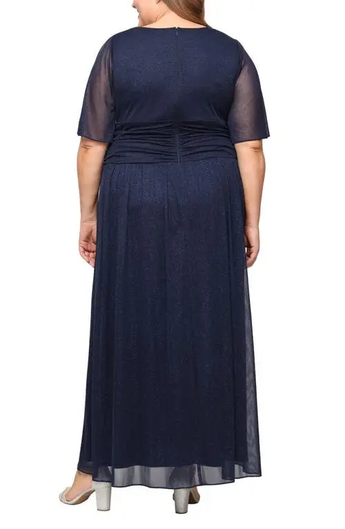 Sl Fashions Glitter Flutter Sleeve Gown In Navy | Editorialist