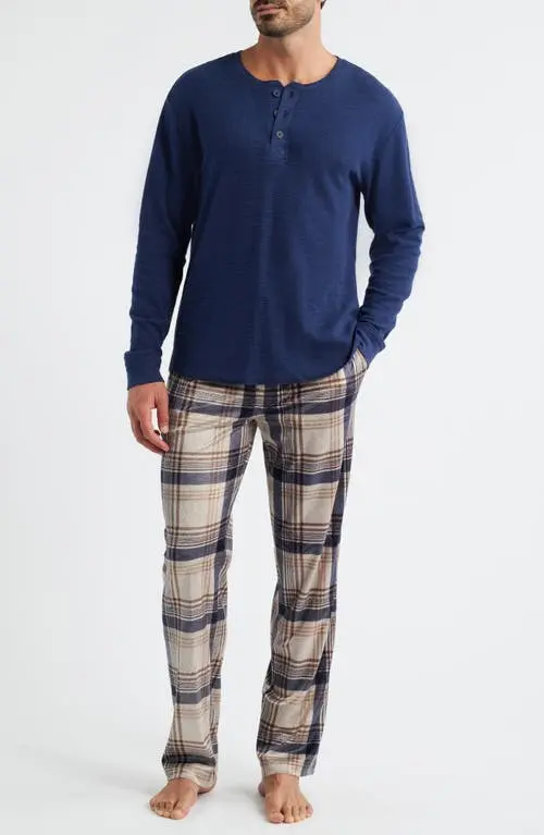 Majestic International Crossroads Long Sleeve Henley & Plaid Fleece Pajama Pants Set - Coffee