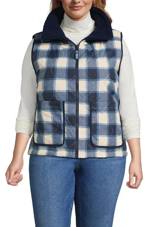 LANDS' END High Pile Fleece Reversible Mixed Media Vest - Navy/navy Check