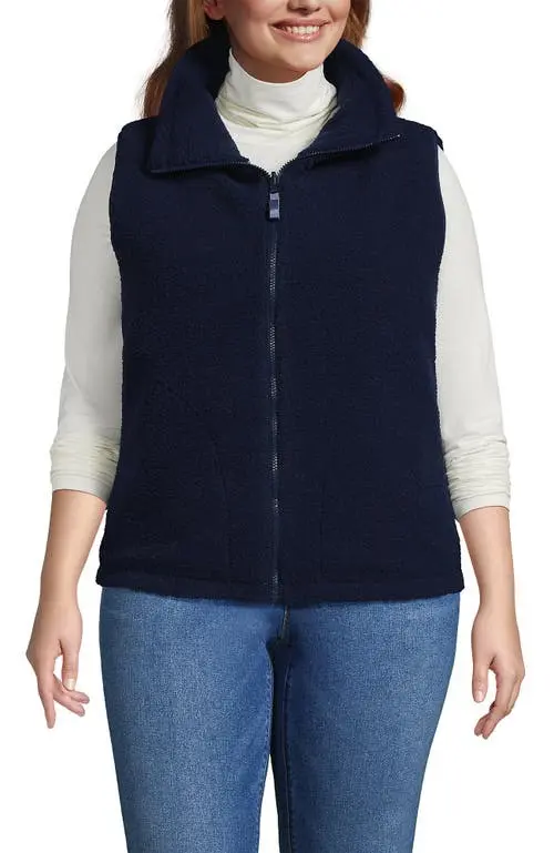 LANDS' END High Pile Fleece Reversible Mixed Media Vest - Navy/navy Check
