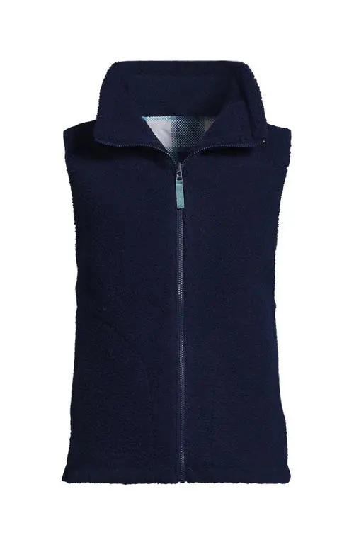 LANDS' END High Pile Fleece Reversible Mixed Media Vest - Navy/navy Check