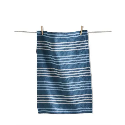 TAG Turquoise Basket Weave Stripe Cotton Kitchen Dishtowel - Blue