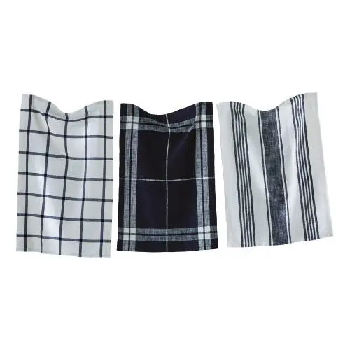 TAG Classic Cotton Dishtowel Set Of 3 Check Stripe Design - Black