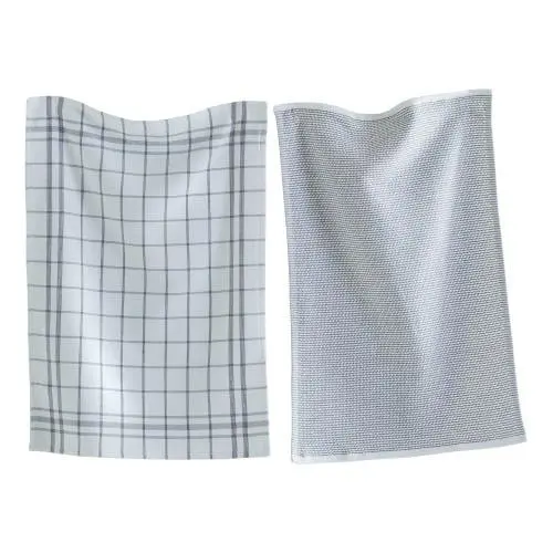 TAG Classic Grey Cotton Dishtowel Set Of 2 Checked Solid - Gray
