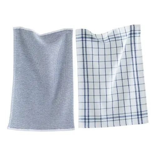 TAG Classic Navy Cotton Dishtowel Set Of 2 Checked Solid - Blue